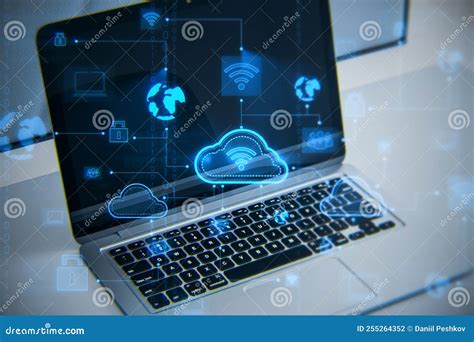 Close Up Of Laptop Computer At Workplace With Creative Digital Cloud Computing Hologram On
