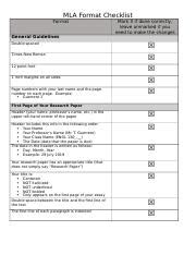 MLA Checklist Docx MLA Format Checklist Format Mark X If Done Correctly Leave Unmarked If You