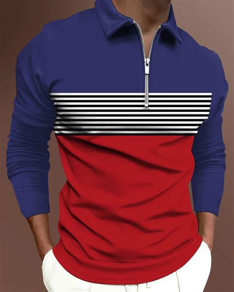 남성용 캐주얼 긴팔 폴로 셔츠 지퍼 티셔츠 남성 상의 스트리트 골프 의류 남성 줄무늬 프린트 의류 가을 2022 Aliexpress