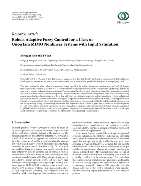 Pdf Robust Adaptive Fuzzy Control For A Class Of Uncertain Mimo Nonlinear Systems With Input