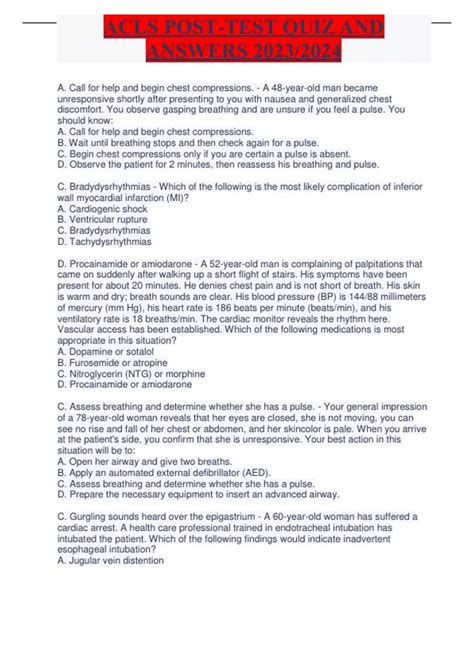 Acls Post Test Quiz And Answers 2023 And 2024 Acls 2023 Stuvia Uk