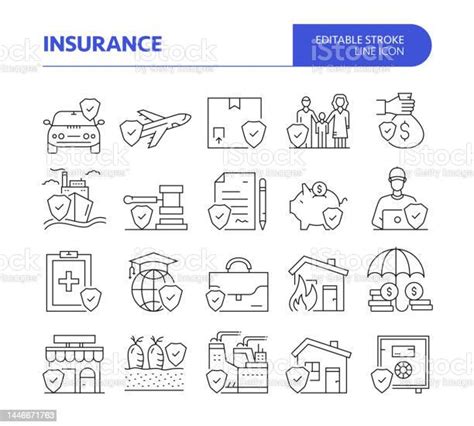 보험 관련 라인 벡터 아이콘 세트입니다 편집 가능한 획 주택보험 자동차보험 생명보험 예금보험 0명에 대한 스톡 벡터 아트 및 기타 이미지 Istock
