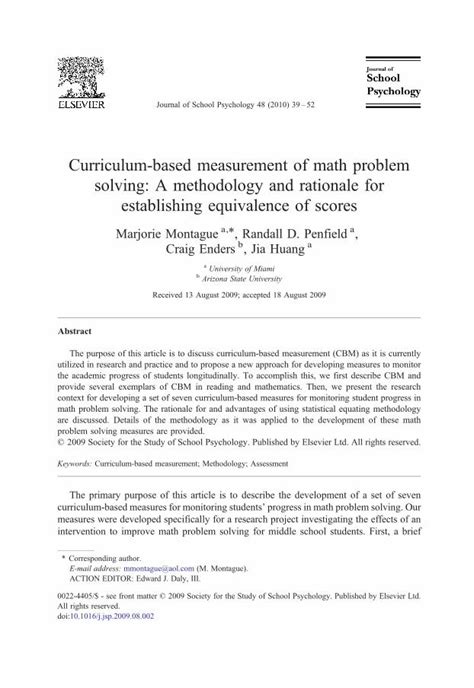 Pdf Curriculum Based Measurement Of Math Problem Solving A Methodology And Rationale For