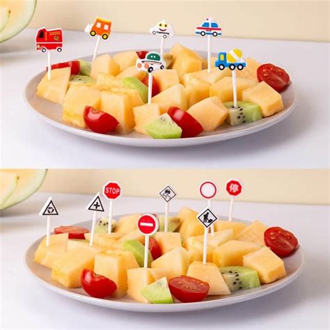 일회용 포크 숟가락 플라스틱 미니 소형 디저트 자동차교통 표지 모양 도시락 상자 장식 파티 용품미니 만화 티몬