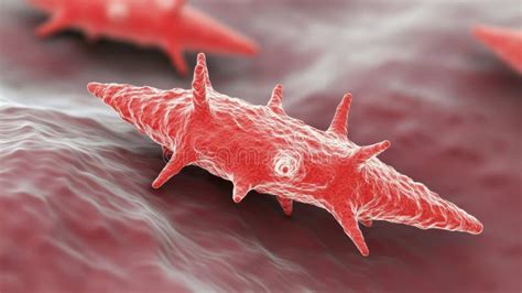 Microscopic View Of Vibrant Red Microorganisms With Unique Spikes In