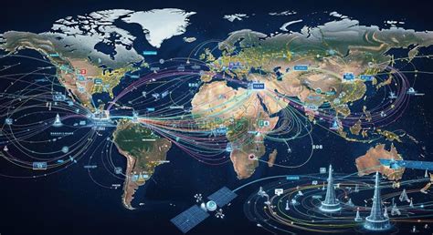 World Map Illustration With Network Connections Satellites And Data