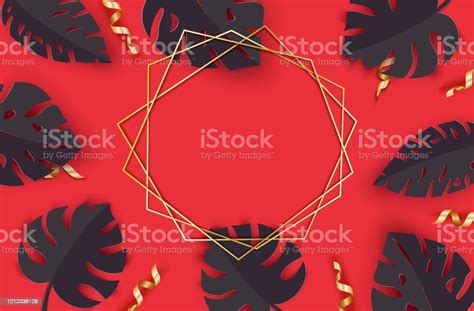 블랙 여름 열대 잎과 종이 컷 스타일의 금 뱀 기하학적 프레임과 색종이와 빨간색 배경에 공예 정글 식물 컬렉션 벡터 카드 블랙