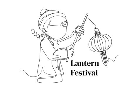 연속 한 줄 그리기 종이 등불 등불 축제 개념을 들고 있는 중국 의상을 입은 행복한 소녀 한 줄 그리기 디자인 벡터 그래픽 그림
