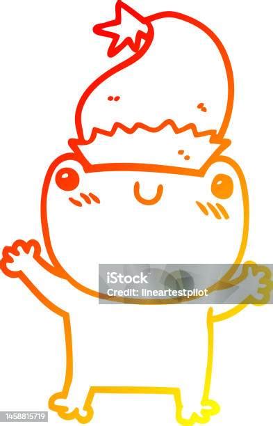 크리스마스 모자를 쓴 귀여운 만화 개구리의 따뜻한 그라데이션 선 그리기 개구리에 대한 스톡 벡터 아트 및 기타 이미지 개구리