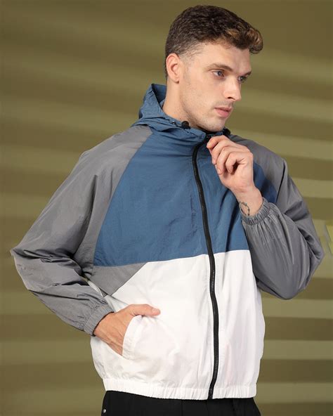 Buy Mens Blue And White Color Block Wind Cheater Jacket Online At Bewakoof