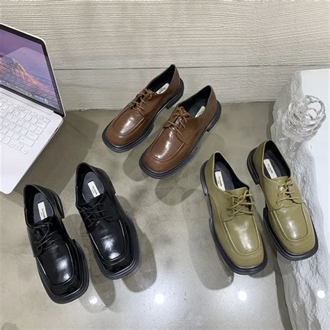 Fonberry 레이스 업 크로스 묶인 레트로 올리브 그린 Oxfords 여성을위한 신발 2022 메디 힐 스퀘어 발가락 펑크