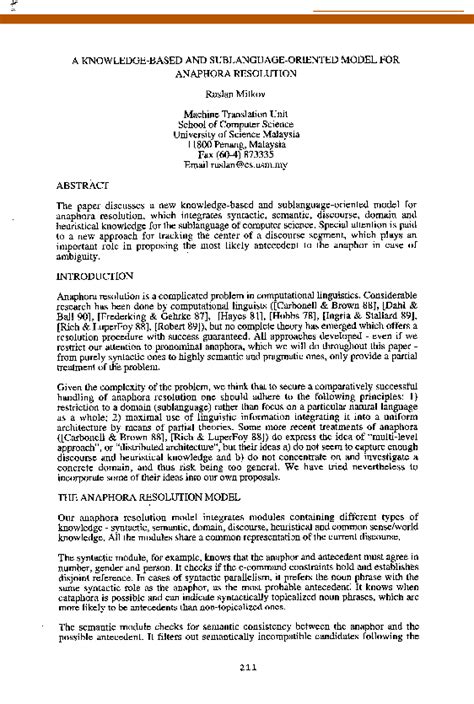 Pdf A Knowledge Based And Sublanguage Oriented Model For Anaphora Resolution