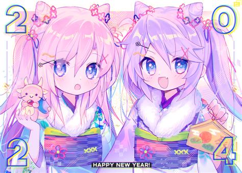 D Omm Original 2024 2girls D O Blue Eyes Blush Dot Nose Double Bun Fang Fur Trimmed