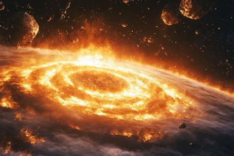 Fiery Solar Explosion With Swirling Gas And Floating Asteroids In Outer