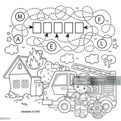 미로 또는 미로 게임 수수께끼 얽힌 도로 색칠 공부 페이지 개요 만화 소방관 또는 소방관과 소방차 소방 아이들을위한 색칠 공부