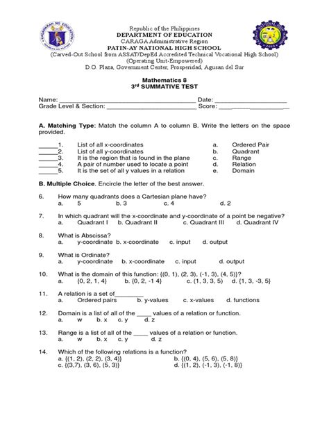 G 8 3rd Summative Test Pdf Cartesian Coordinate System Function Mathematics