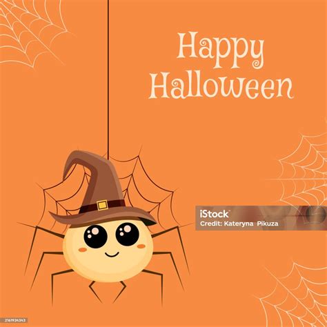 즐거운 할로윈 보내세요 마녀 모자와 거미줄을 입고 귀여운 만화 거미 인사말 카드 포스터 배너 벡터 일러스트 레이 션 10월에 대한 스톡 벡터 아트 및 기타 이미지 Istock