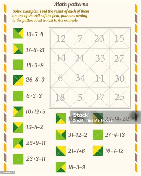 수학적 패턴 워크시트 예제를 해결합니다 필드의 셀 중 하나에서 각각의 결과를 찾아 예제 옆에있는 패턴에 따라 페인트 공부에 대한 스톡 벡터 아트 및 기타 이미지 Istock