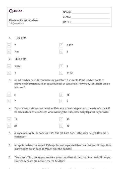 50 Multi Digit Numbers Worksheets For 6th Class On Quizizz Free