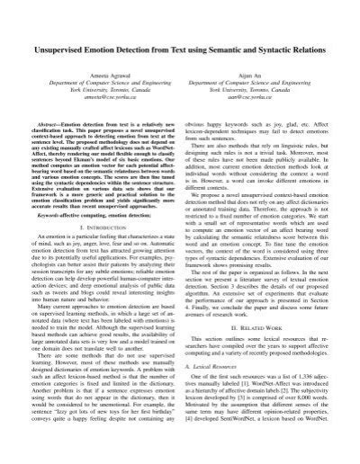 Unsupervised Emotion Detection From Text Using Semantic And