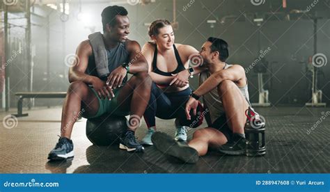Fitness, Group and Conversation in Gym with Confidence, Workout and Exercise Class. Diversity ...