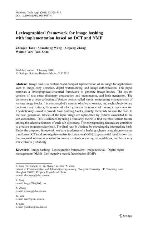 Pdf Lexicographical Framework For Image Hashing With Implementation Based On Dct And Nmf
