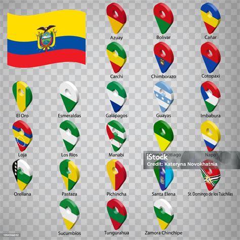 24 플래그 에콰도르 의 지방 이름 알파벳 순서 에콰도르 의 국기 지방과 같은 3d 지리적 위치 표지판세트 디자인에 대한 24 개의 3d 지리적 위치 표지판 Eps10 0