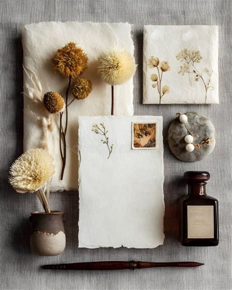 Artistic Flat Lay Composition Featuring Dried Flowers Textured Paper