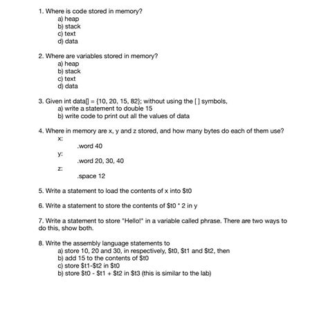 Solved 1 Where Is Code Stored In Memory A Heap B Stack