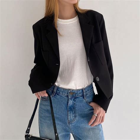 여자 검정마이 올드머니룩 Fw 더블포켓 세미크롭 자켓