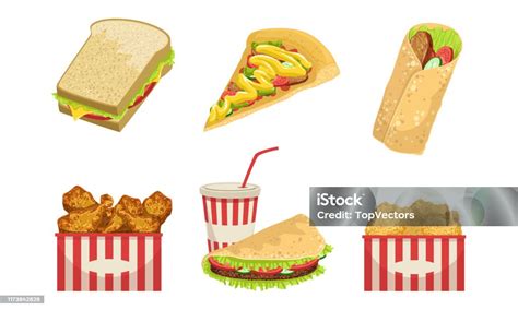 패스트 푸드 테이크 아웃 길거리 음식 요리 샌드위치 피자 샤와르마 프라이드 치킨 다리 타코 소다 음료 벡터 일러스트 건강한 식생활에 대한 스톡 벡터 아트 및 기타 이미지