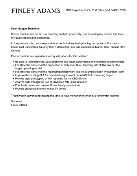 Risk Reporting Analyst Cover Letter Velvet Jobs