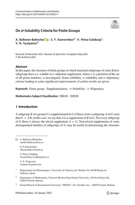Pdf On Sigma Solubility Criteria For Finite Groups