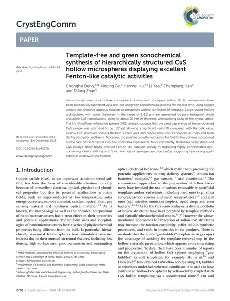 Pdf Template Free And Green Sonochemical Synthesis Of Hierarchically Structured Cus Hollow