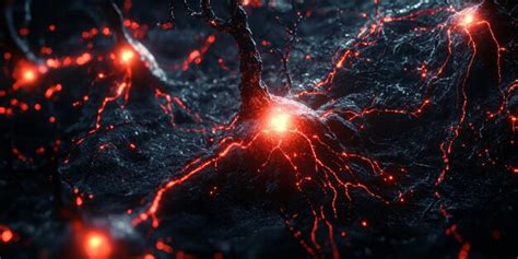 Surreal Neural Structure With Glowing Red Synapses Displaying The Complex Branching Connections