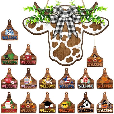 Suzile 16 Pcs Highland Cow Decor Cow Head Door Wreath Sign