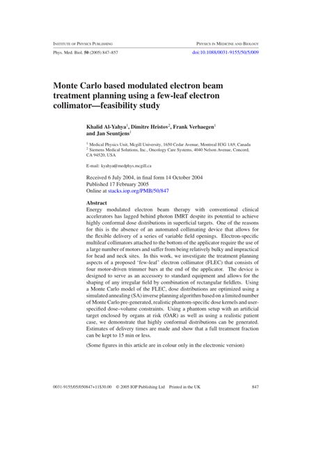 Pdf Monte Carlo Based Modulated Electron Beam Treatment Planning Using A Few Leaf Electron