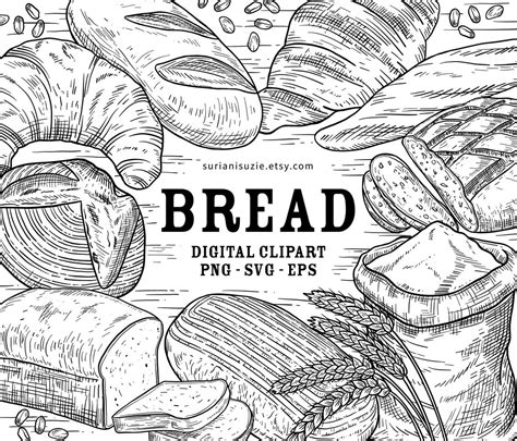 Bread Line Art Clipart Bakery Vector Graphics Png Svg Eps Etsy