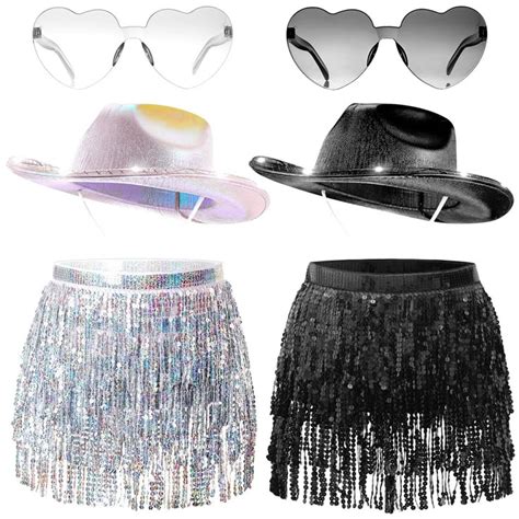 Taiyin 6 Pcs Light Up Holographic Space Cowgirl Hat Fringe Sequin
