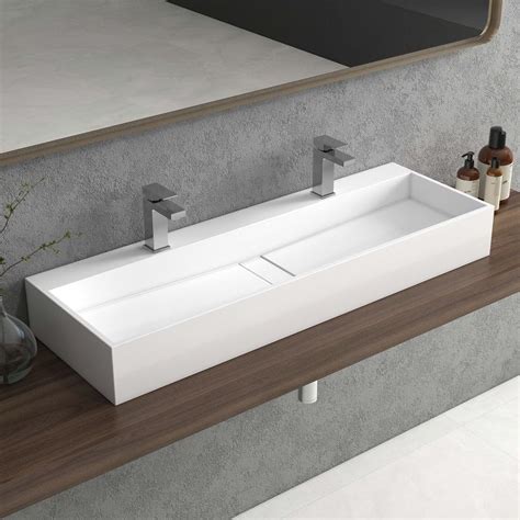 Weibath 47 Inch Wall Mount Double Sink Stone Resin Trough Bathroom Sink With 2 Faucet Holes