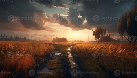 Tranquil Meadow Backlit Tree Sunset Sky Nature Beauty Reflected Generated By Ai 25190996 Stock