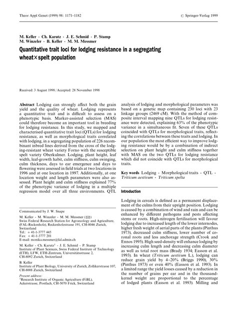 Pdf Quantitative Trait Loci For Lodging Resistance In A Segregating
