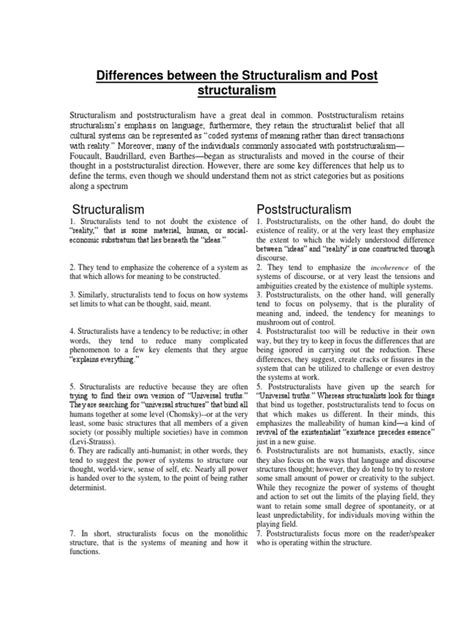 Differences Between The Structuralism And Post Structuralism Pdf
