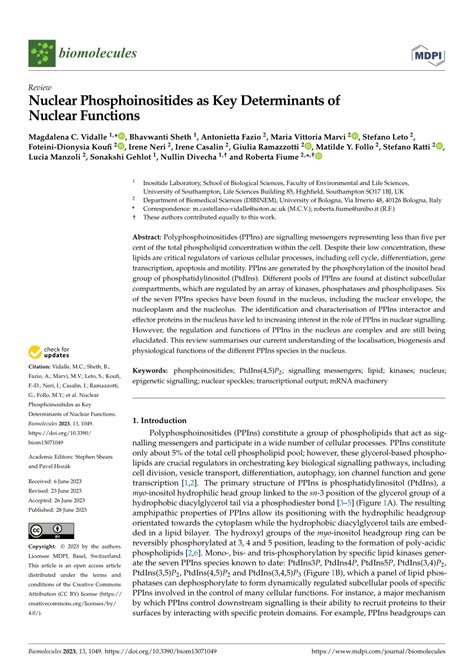 Pdf Nuclear Phosphoinositides As Key Determinants Of Nuclear Functions