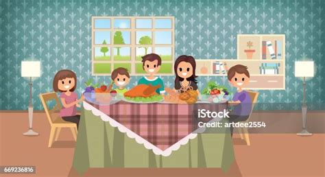 Keluarga Makan Bersama Ilustrasi Kartun Stylevector Ilustrasi Stok