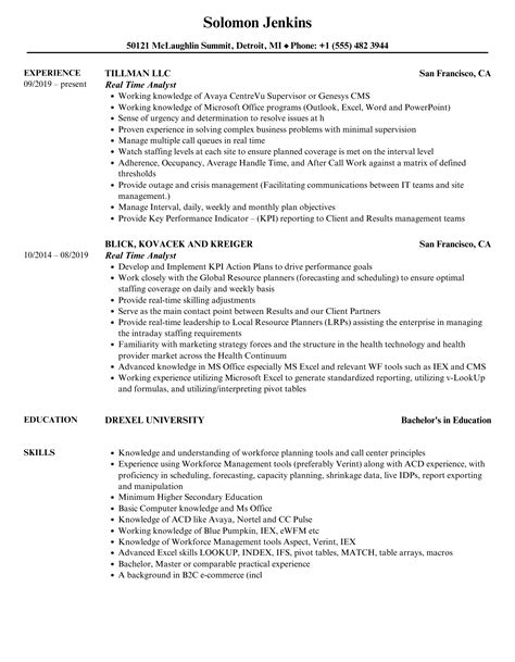 Real Time Analyst Resume Samples Velvet Jobs