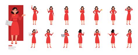 사업가의 큰 세트는 빨간 드레스 캐릭터 벡터 디자인을 착용합니다 사무실 계획 사고 및 경제 분석 일러스트레이션에서 일하는 중국 여성 다양한 동작으로 프레젠테이션합니다 개념에