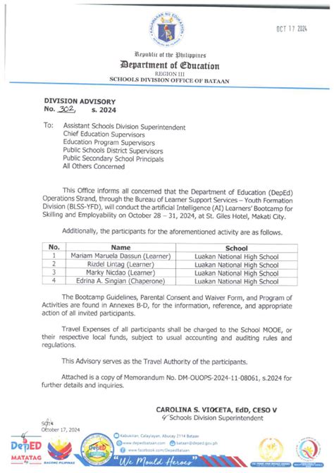 Deped Bataan Division Advisory No 302 S 2024
