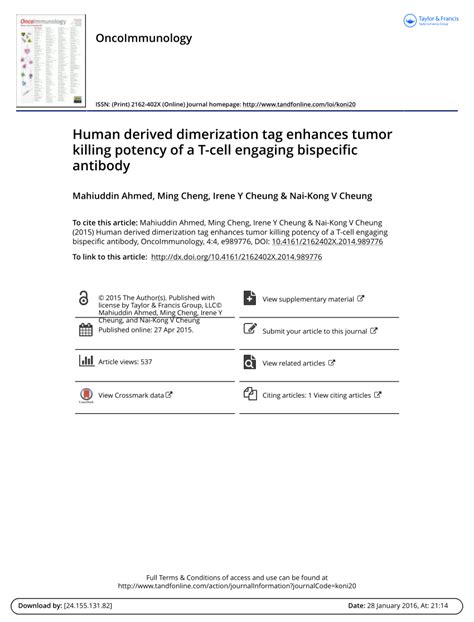 Pdf Human Derived Dimerization Tag Enhances Tumor Killing Potency Of A T Cell Engaging