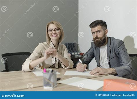 Concentration At Work Business Woman And Man Have Business Meeting At